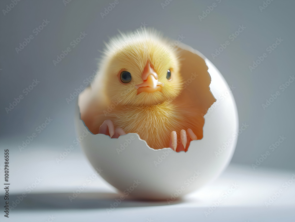 adorable baby chick emerging from a cracked white egg, fluffy yellow ...