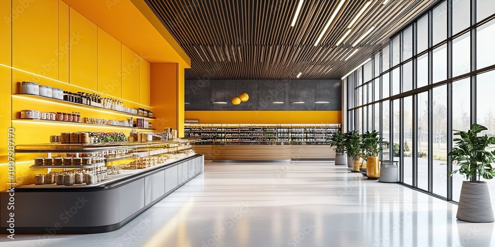 dark yellow and grey modern supermarket grocery shop with elegant ...