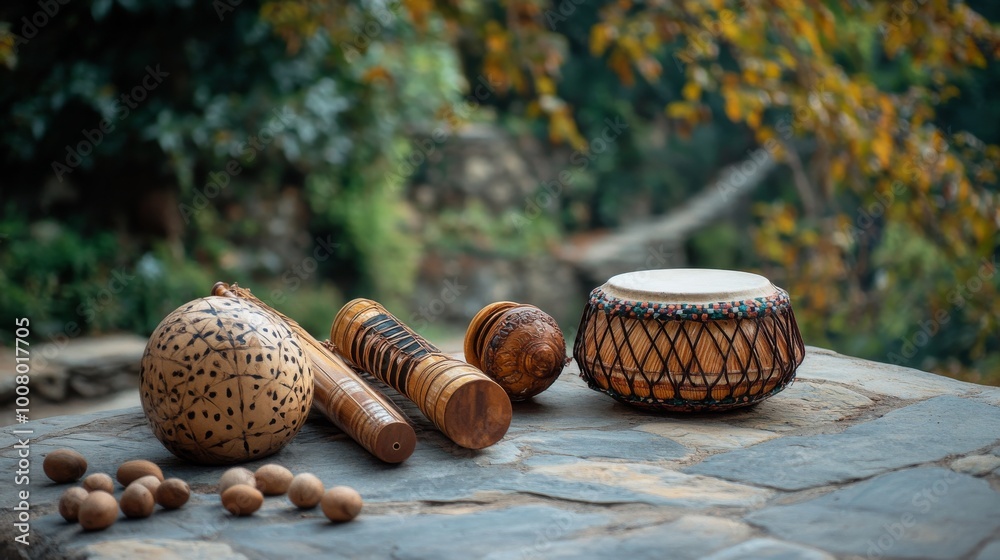 An empty scene featuring traditional Himachali musical instruments ...