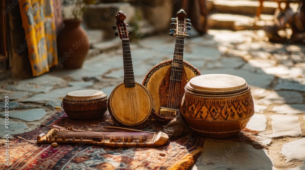 An empty scene featuring traditional Himachali musical instruments ...