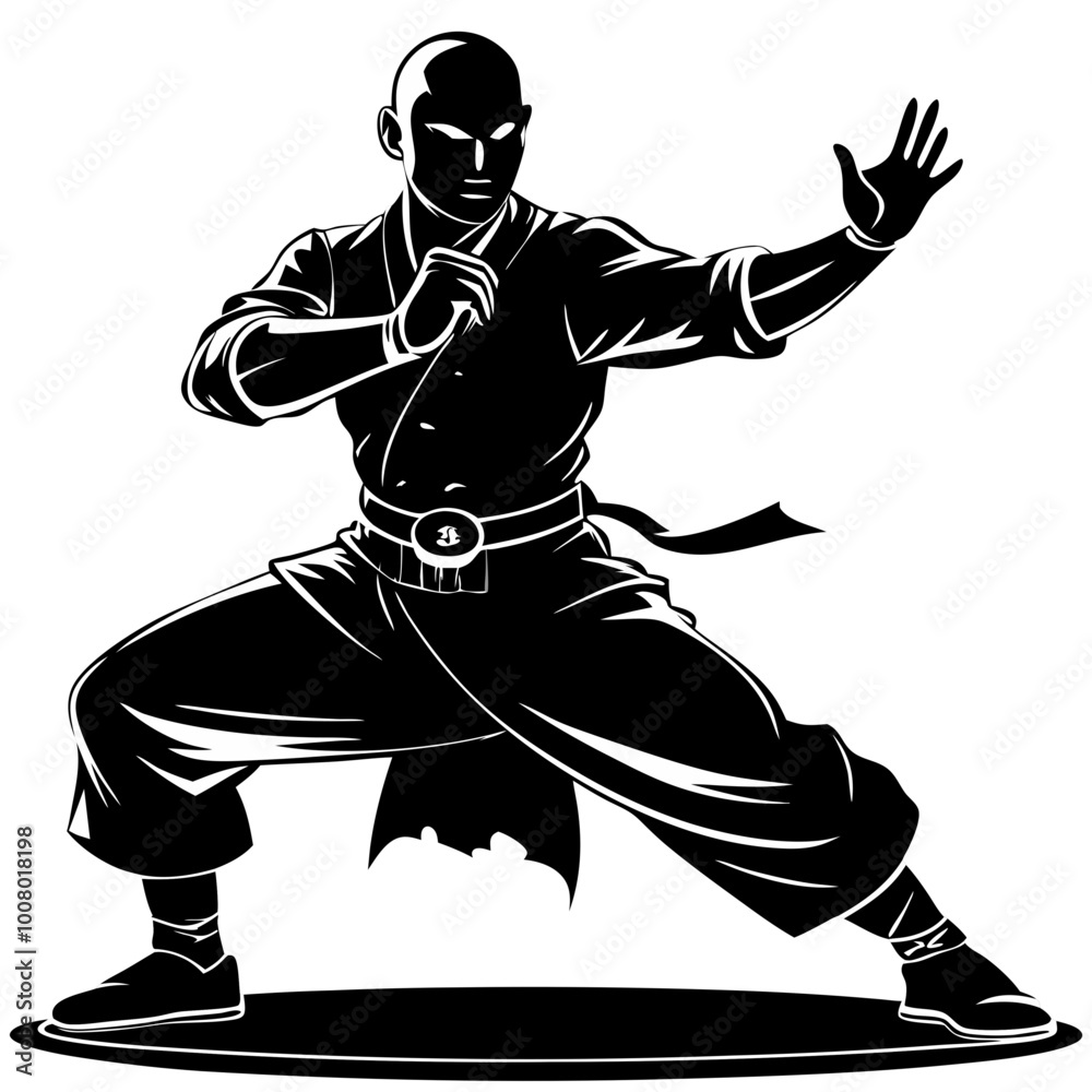 Shaolin Monk in Combat Stance: Powerful silhouette of a martial artist ...
