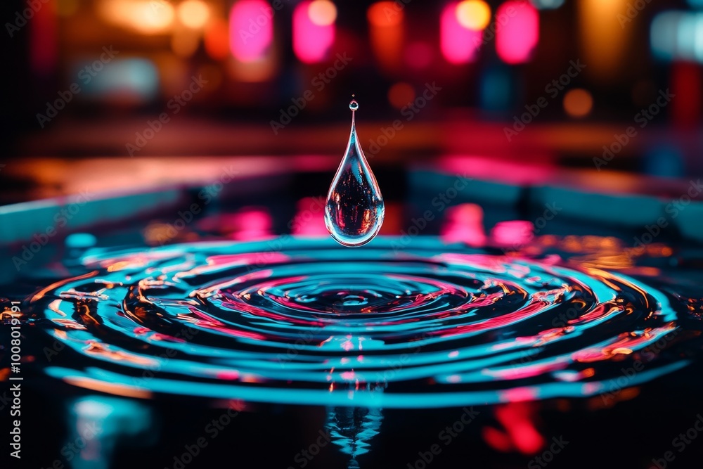 A tear falling into a pool of holographic water, with digital ripples ...