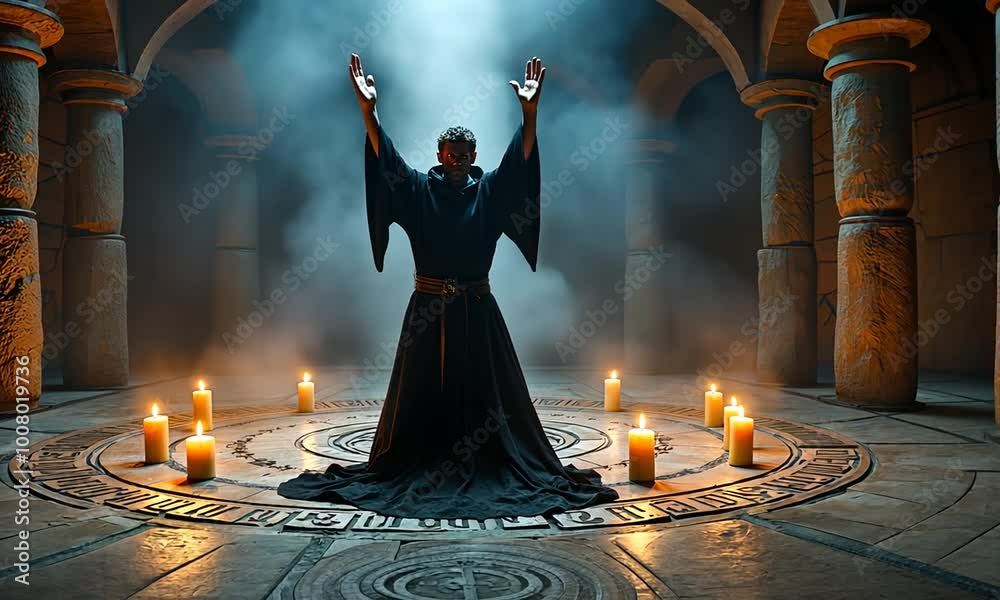 A magician in a long black cloak stands in a circle of lit candles and ...
