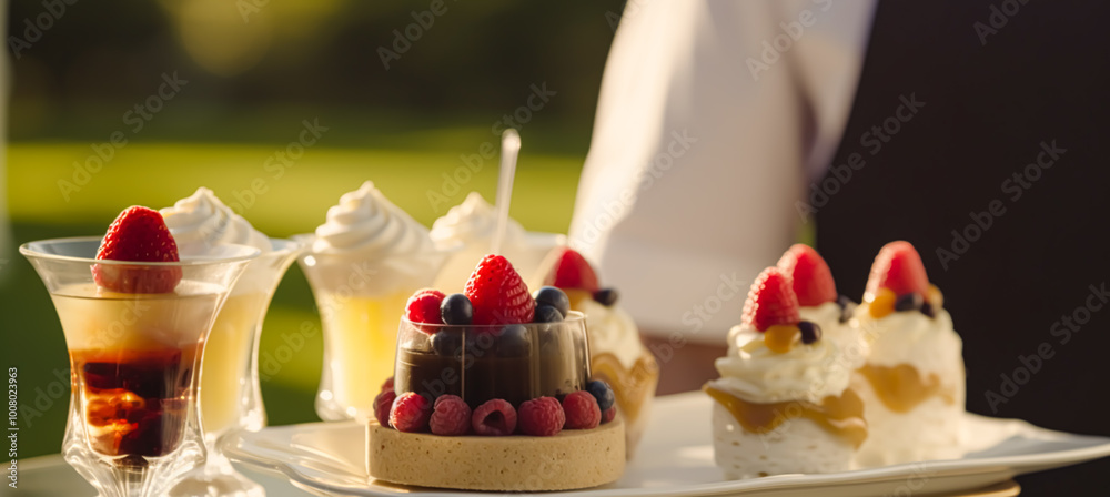 Luxury food service, desserts by a waiter at a wedding celebration or ...