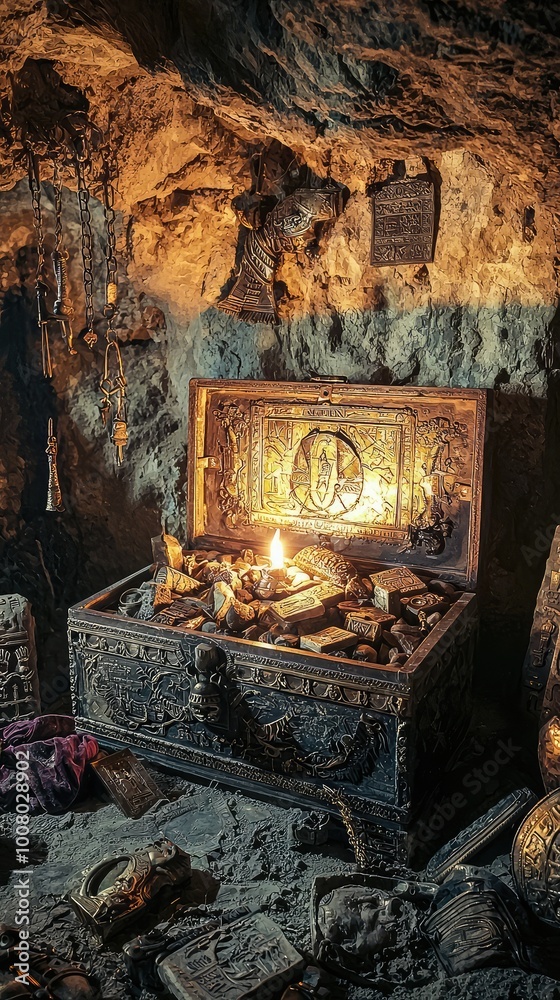 An ancient treasure chest glows within a dimly lit cave, surrounded by ...