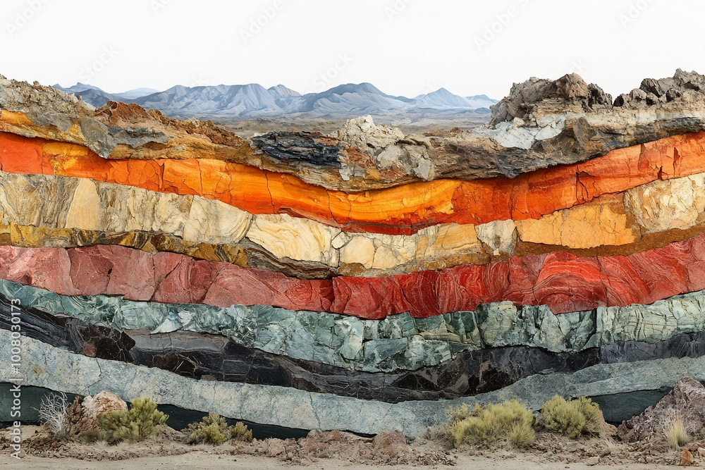 A cross-section of the earth's crust, revealing the layers of rock ...