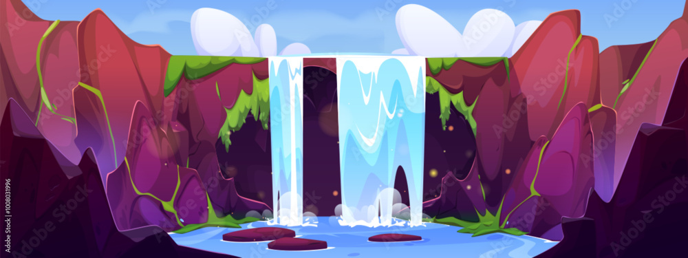 Tropical waterfall landscape. Vector cartoon illustration of beautiful ...