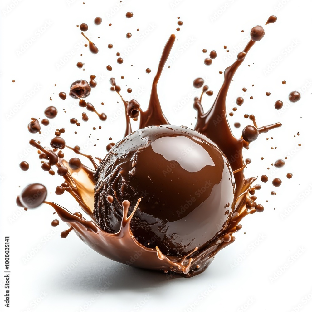 Sauce, circular splash swirl around the chocolate ball, isolated on a ...