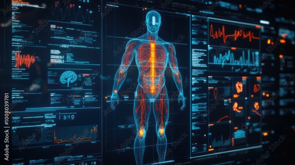 Futuristic digital health interface showcasing a 3D model of a human ...