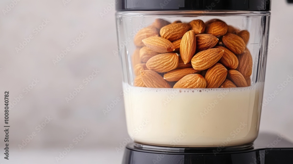 Vegan almond milk being blended with almonds and water in a kitchen ...