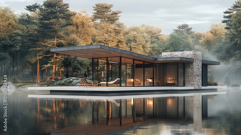 A modern lakeside cabin featuring a minimalist design with large floor ...