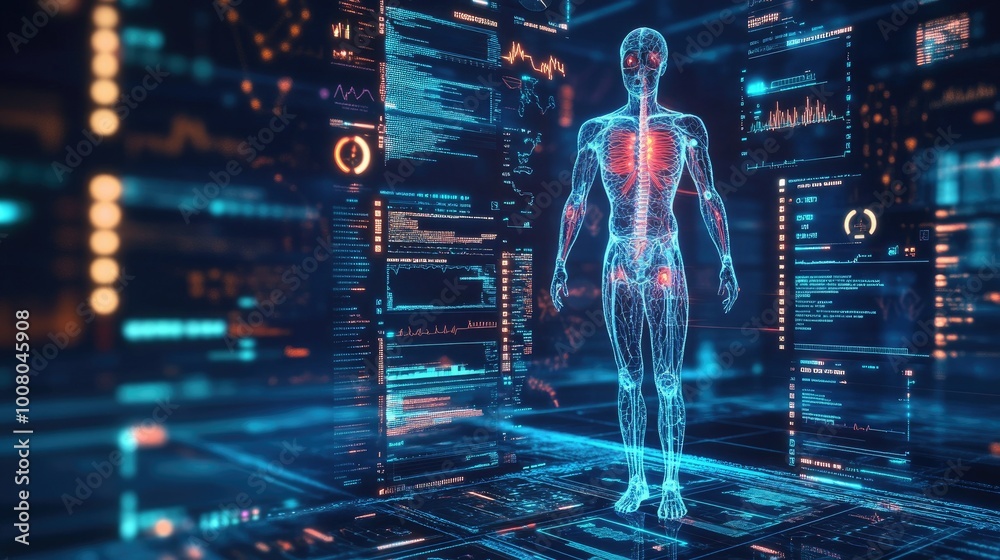 Modern health system interface featuring a transparent human body, with ...