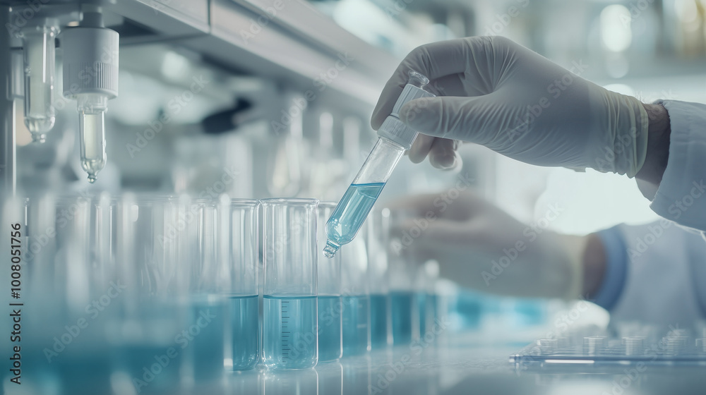 scientist in a lab coat and gloves is working with test tubes. Conducts ...