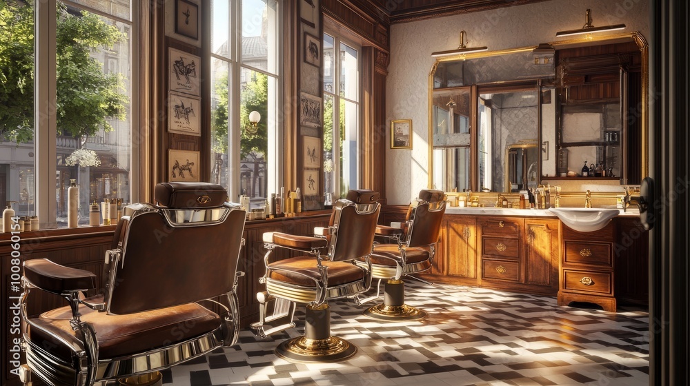 Retro barber shop featuring classic grooming tools, aged leather seats ...