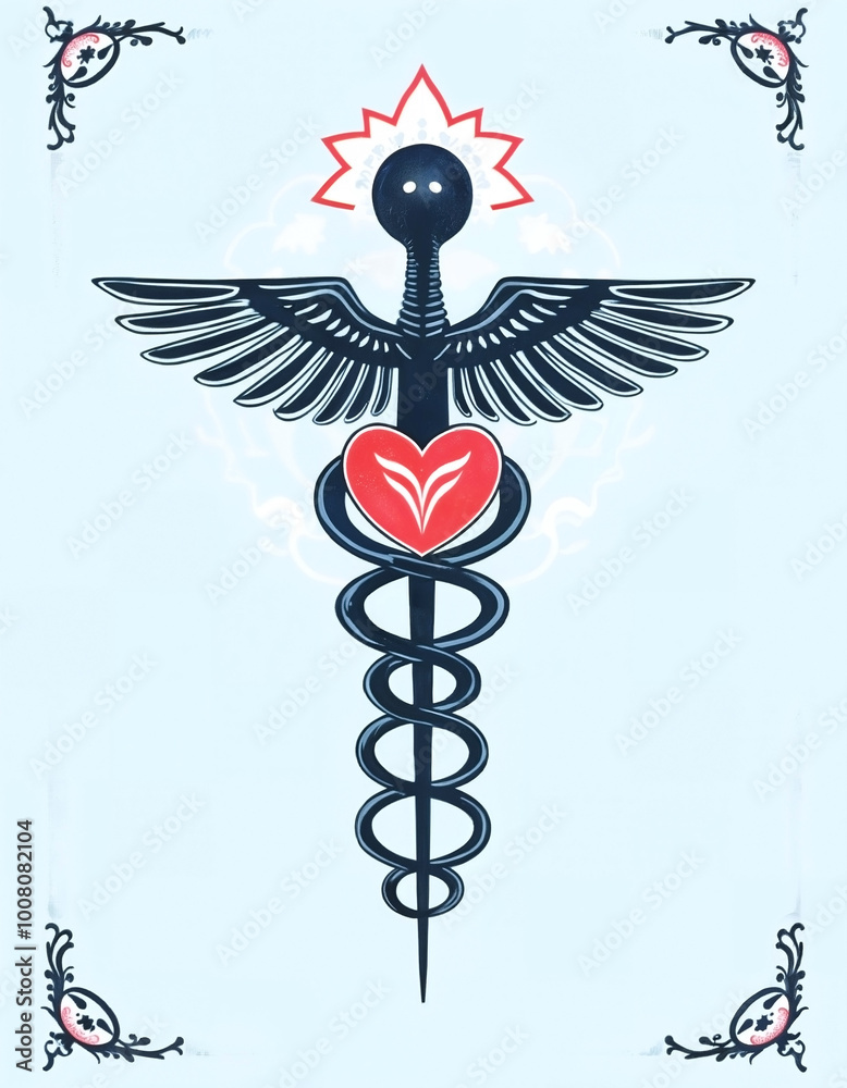 Artistic caduceus symbol featuring wings, a heart, and serpents ...