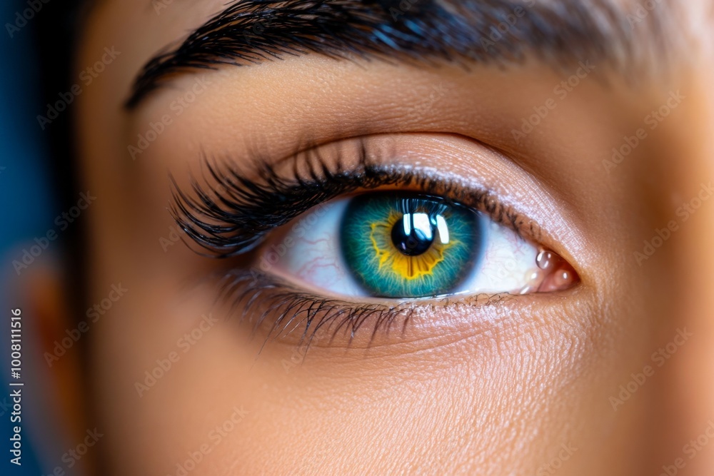 A close-up of a single teardrop falling from an eye, glistening as it ...