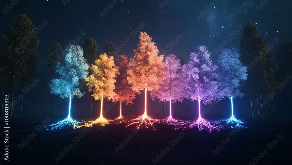Enchanting Colorful Trees Illuminated in the Night: A Magical Display ...