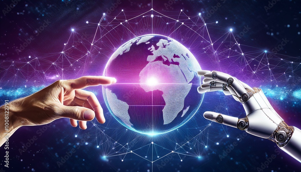 AI, Machine learning, Hands of robot and human touching on big data ...