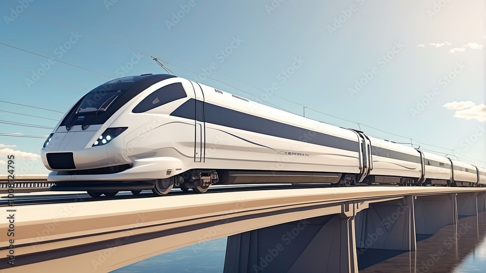 3D low poly rendering of a high-speed train on a rail bridge, capturing ...
