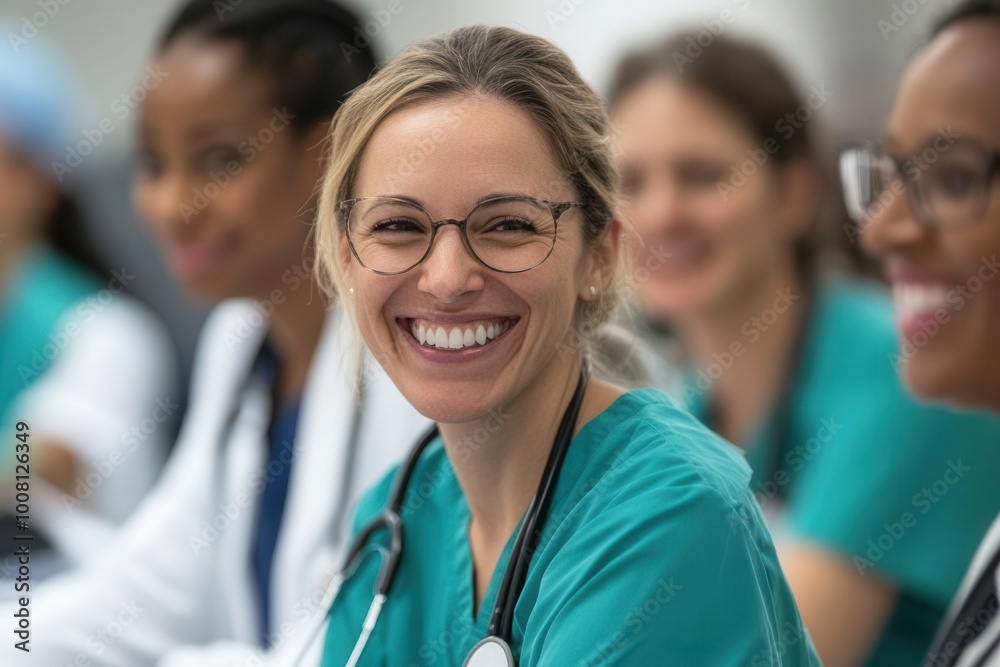 A diverse group of doctors and nurses participating in a role-playing ...