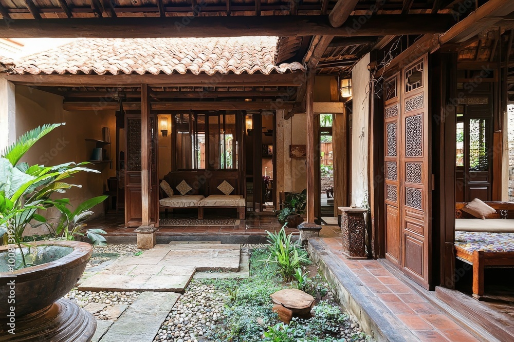 A traditional courtyard house using natural materials, with stone walls ...