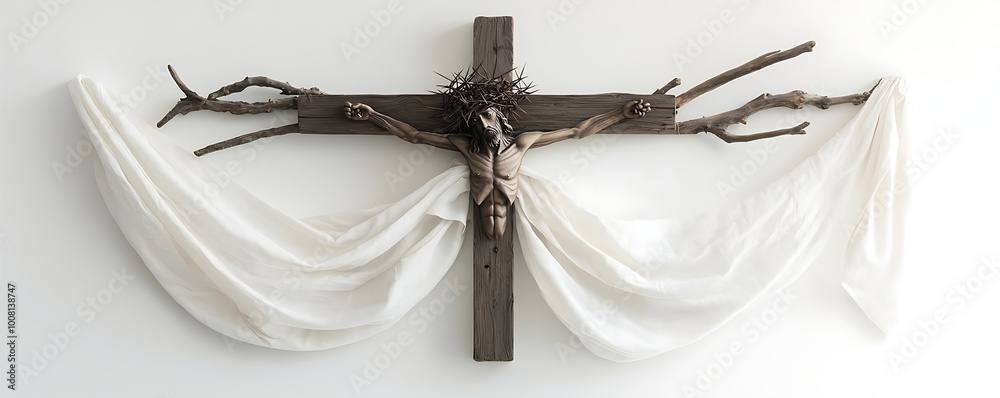 A symbolic image showing a wooden cross draped with a crown of thorns ...
