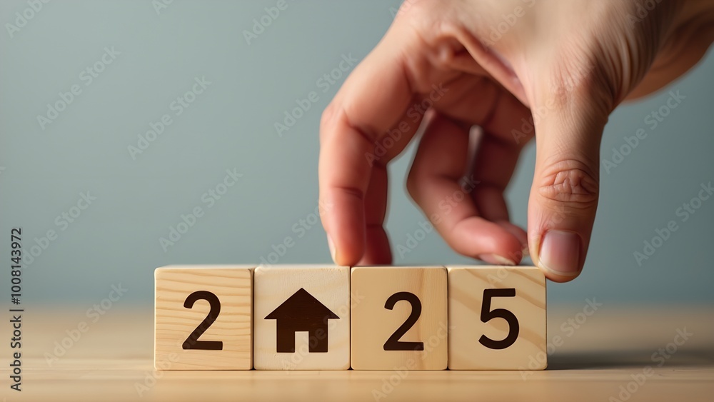 2025 written on wooden blocks with home symbol, hand holding home logo ...