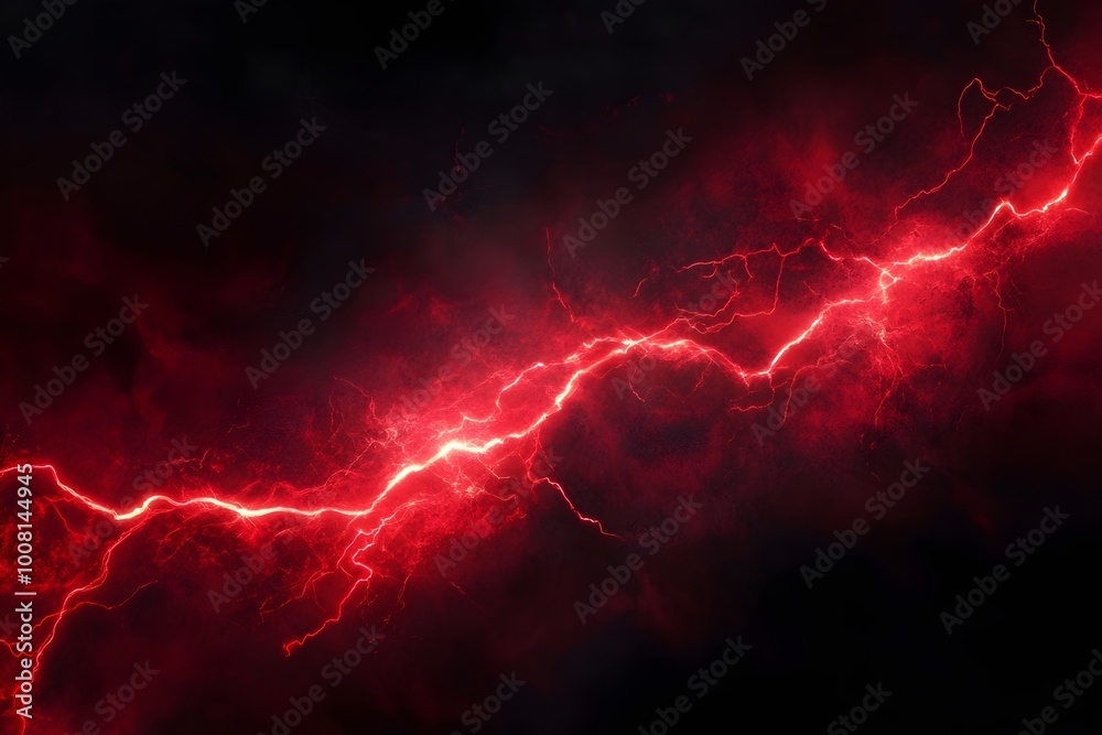Bright red lightning flashing through dark stormy night sky background ...