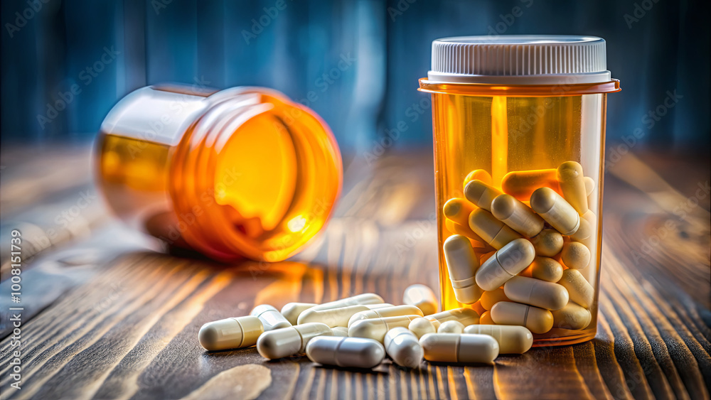 Capsules spill out of an overturned prescription bottle on a rustic ...