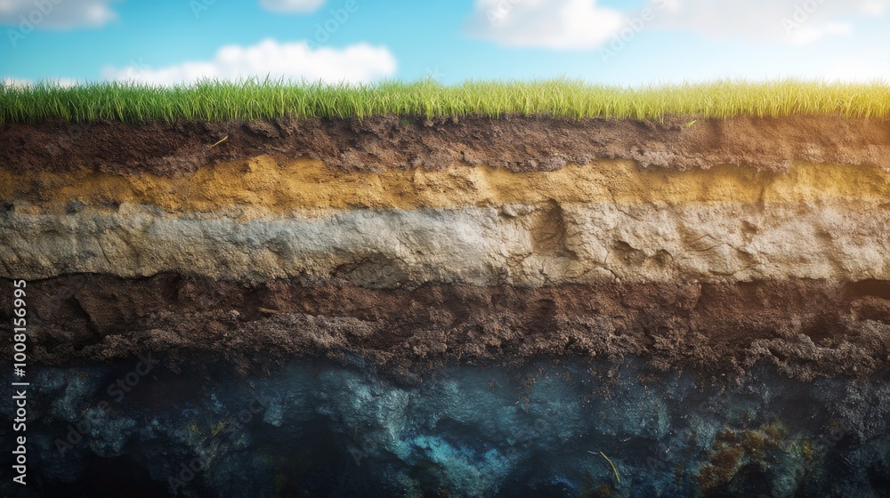 Cross-section of soil layers revealing underlying bedrock and water ...