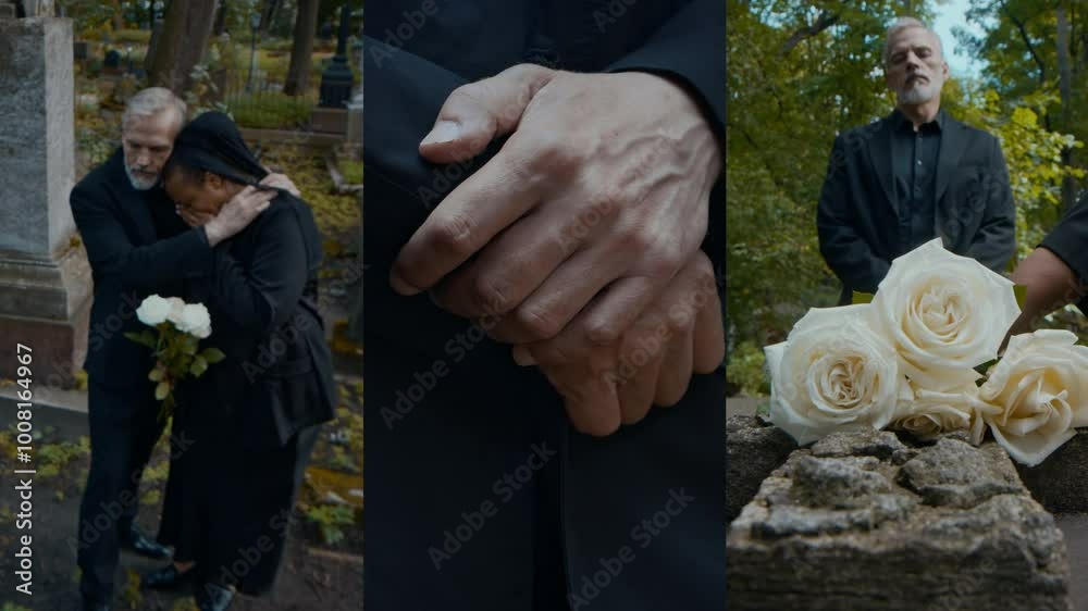 Split screen of mourning couple dressed in black visiting cemetery. Man ...