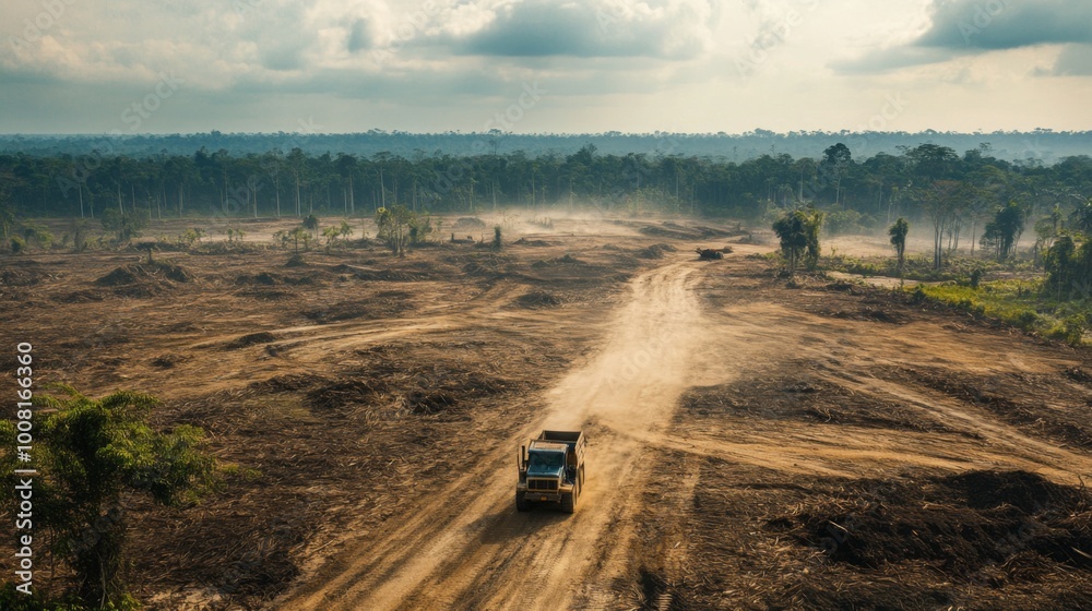 Deforestation in the Amazon Rainforest, a Truck on a Dusty Road Through ...
