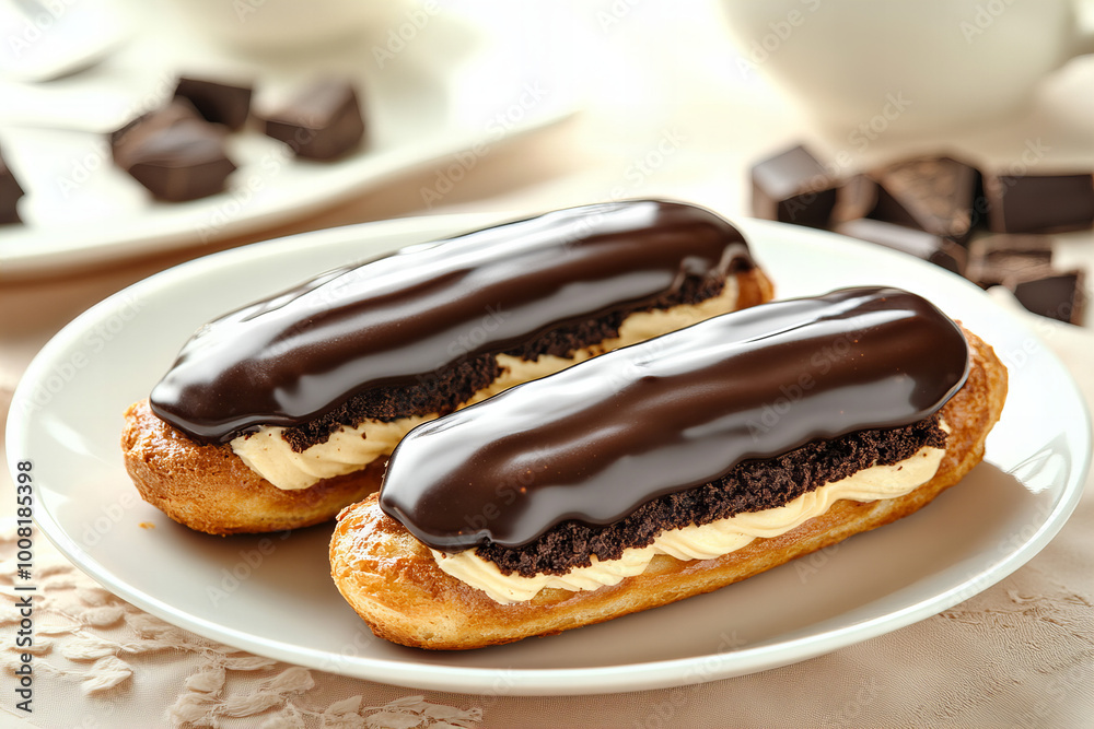 Elegant chocolate eclair dessert with rich cream filling and smooth ...