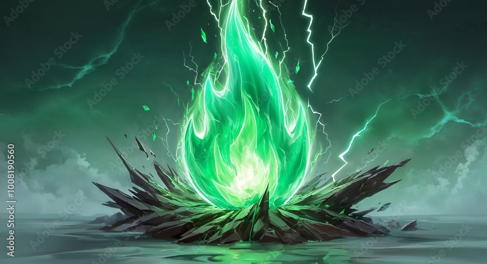 Ethereal green flame with crackling energy effects in anime cartoon art ...