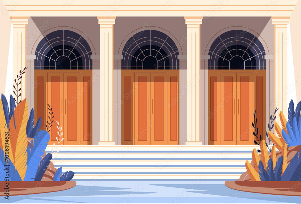 Theater entrance with columns and plants architectural building facade ...