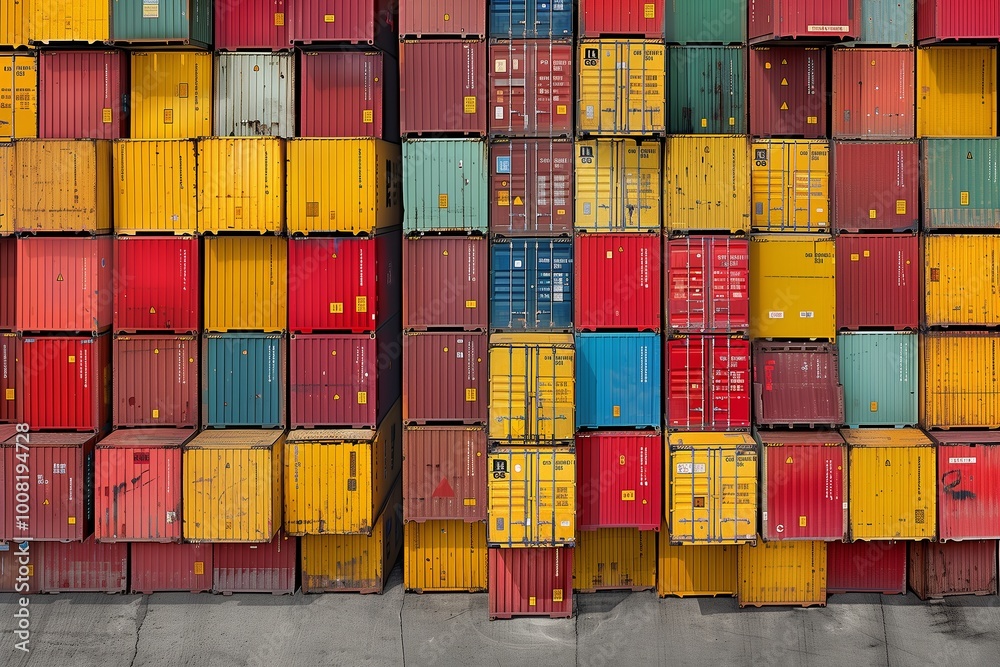 Vibrant stack of red, yellow, blue, green shipping containers at port ...