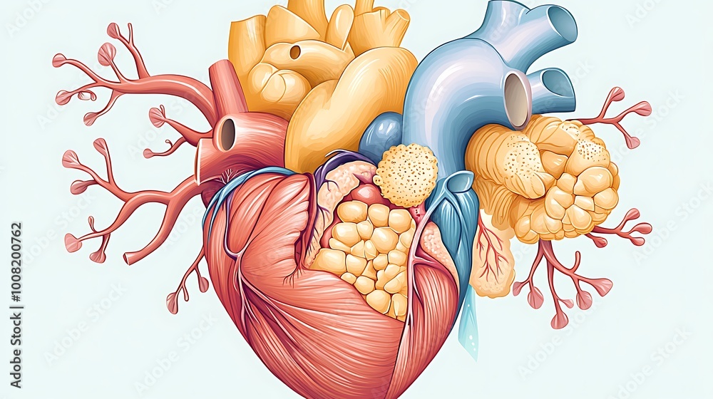 Cross-section human heart, interior details blood vessels and flow ...