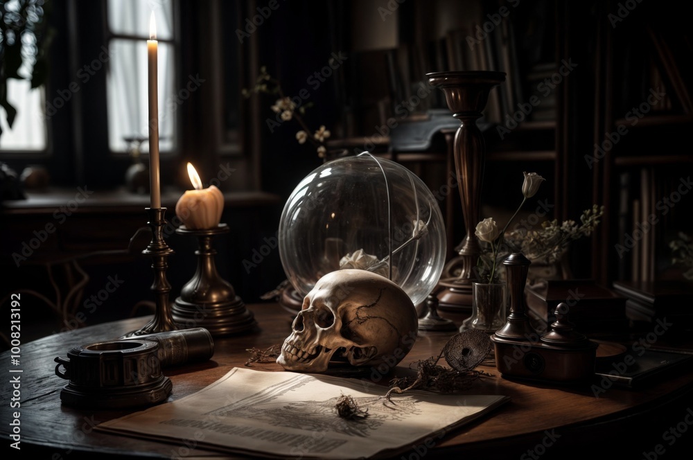 A moody, gothic still life featuring a candle, human skull, and glass ...