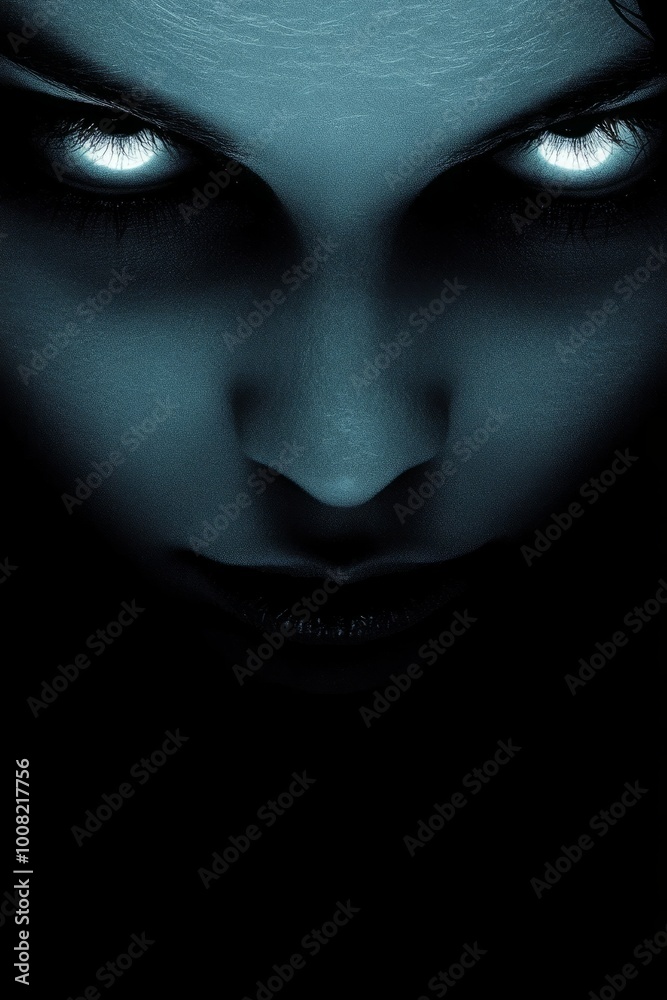A close-up of a woman's face with glowing eyes, creating a haunting and ...