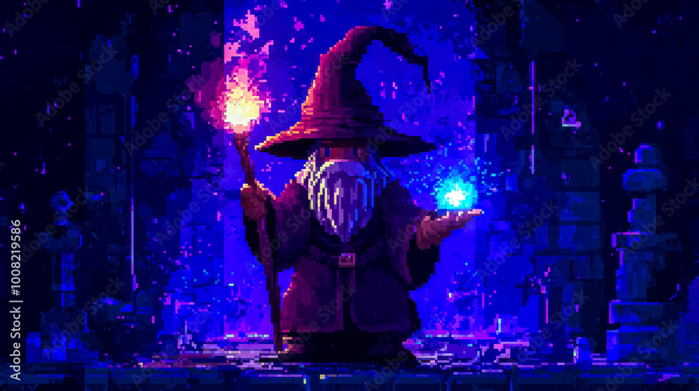 Pixel art wizard casting magic spells in dungeon entrance Stock ...