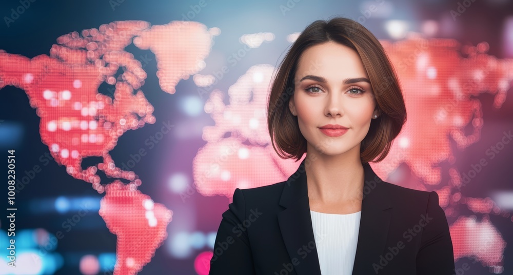 News anchor in modern studio, digital world map background, breaking ...