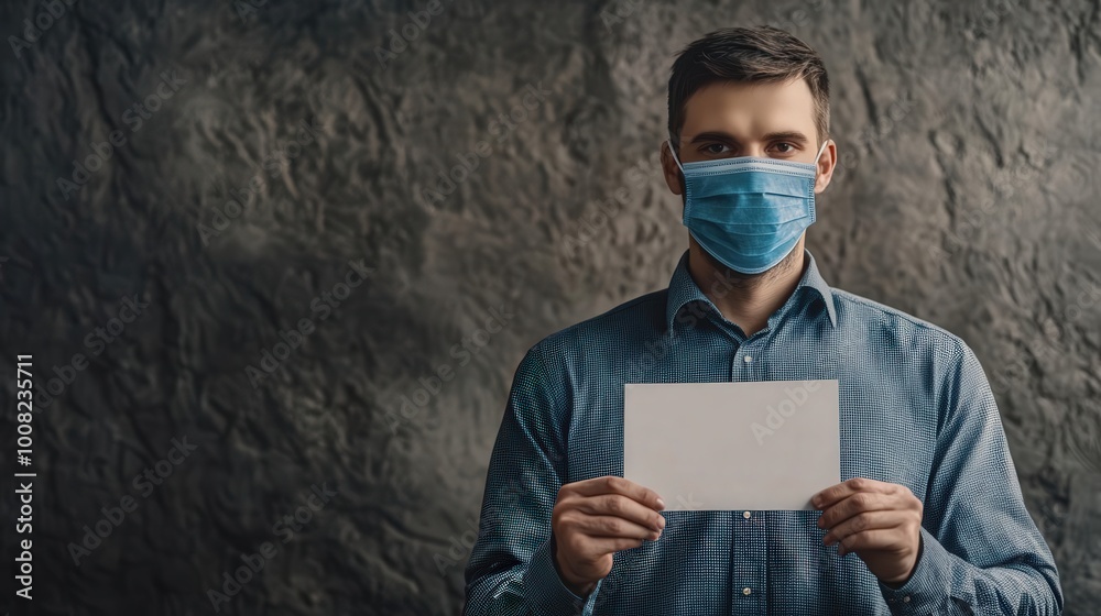 Produce a minimalist mugshot featuring a man in a blue mask, shirt, and ...