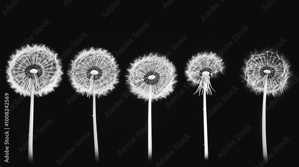 Evolution of Dandelions in Bloom. A sequence of five dandelions on a ...