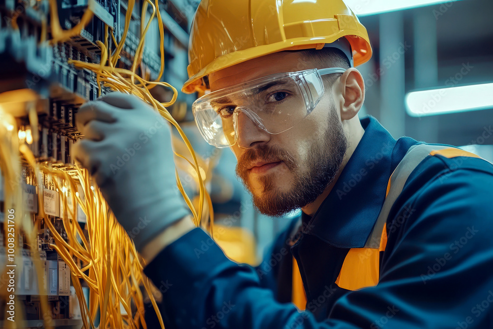 Technician installing new fiber optic ftth in a cloud data center with ...