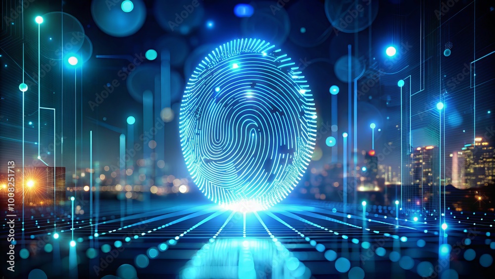 Innovative biometric technology features a glowing fingerprint pattern ...