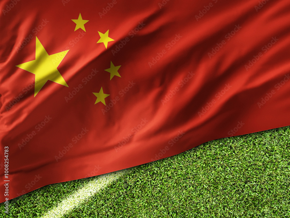China Flag waving on top of stadium grass background Chinese flag ...