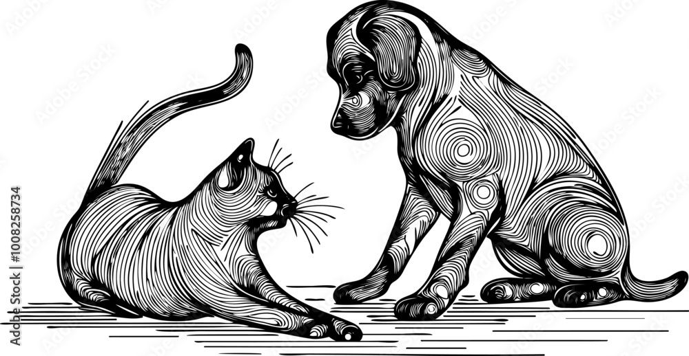 Black and white vector illustration of a domestic cat and dog. The ...