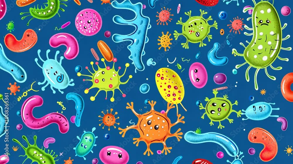 Multicolored variations of bacteria and viruses in cartoon form. A ...