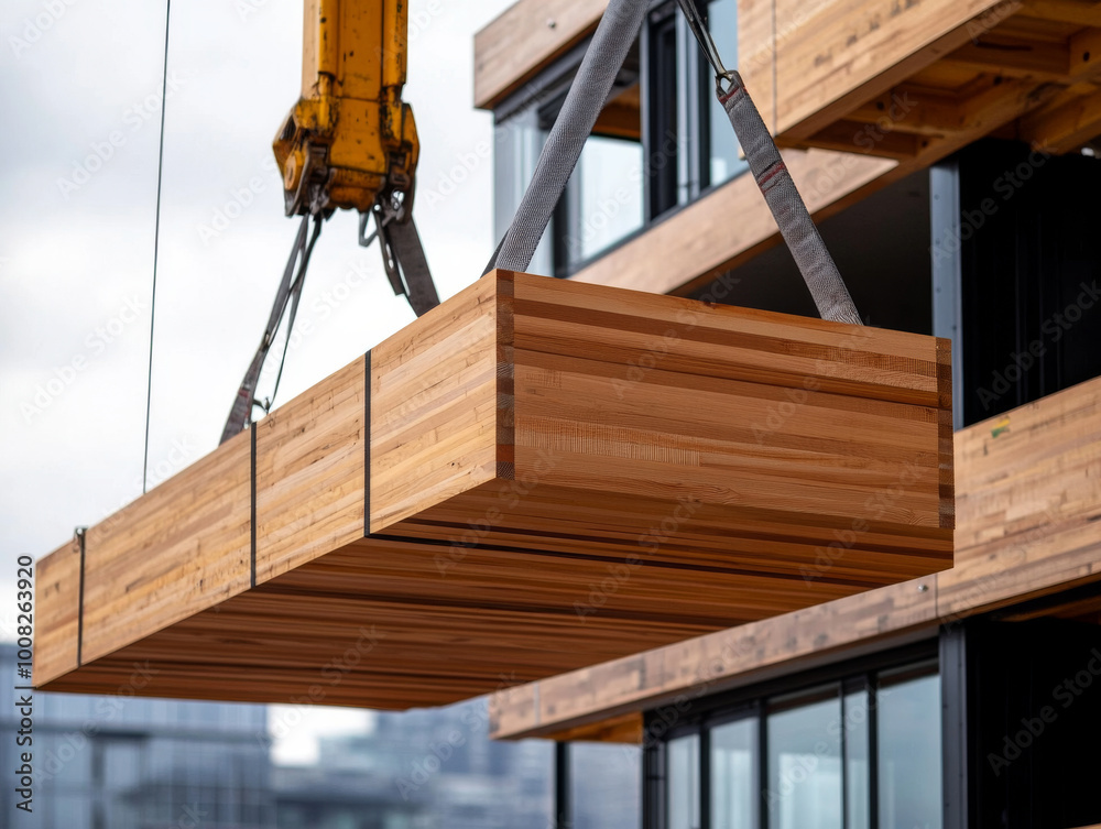 A close-up of cross-laminated timber (CLT) panels being lifted into ...