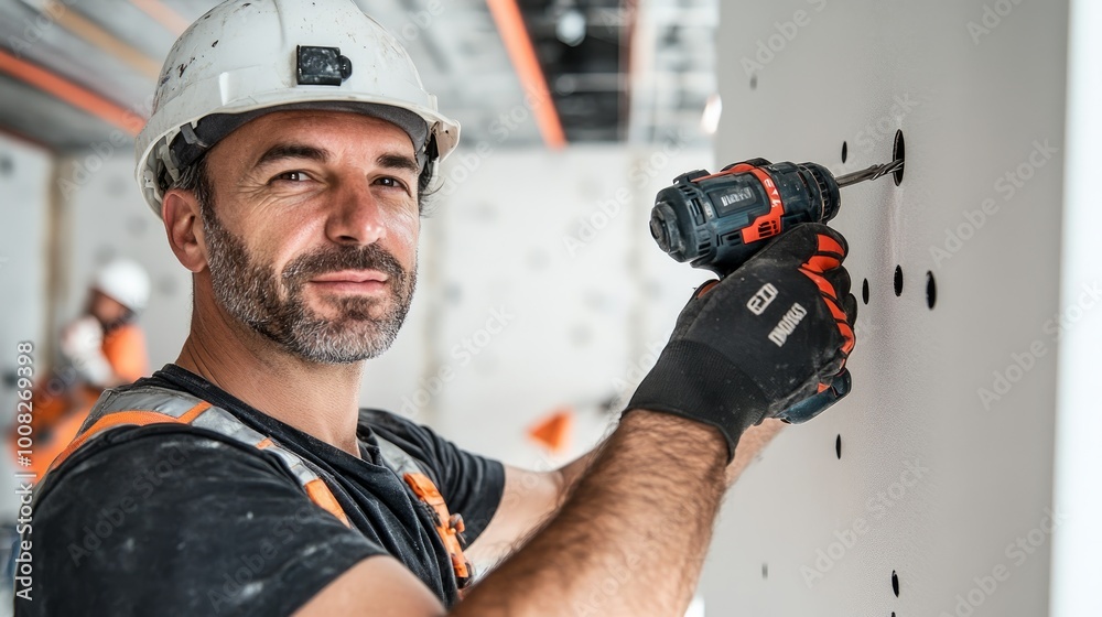 A construction worker wearing a hard hat and safety gloves drills a ...